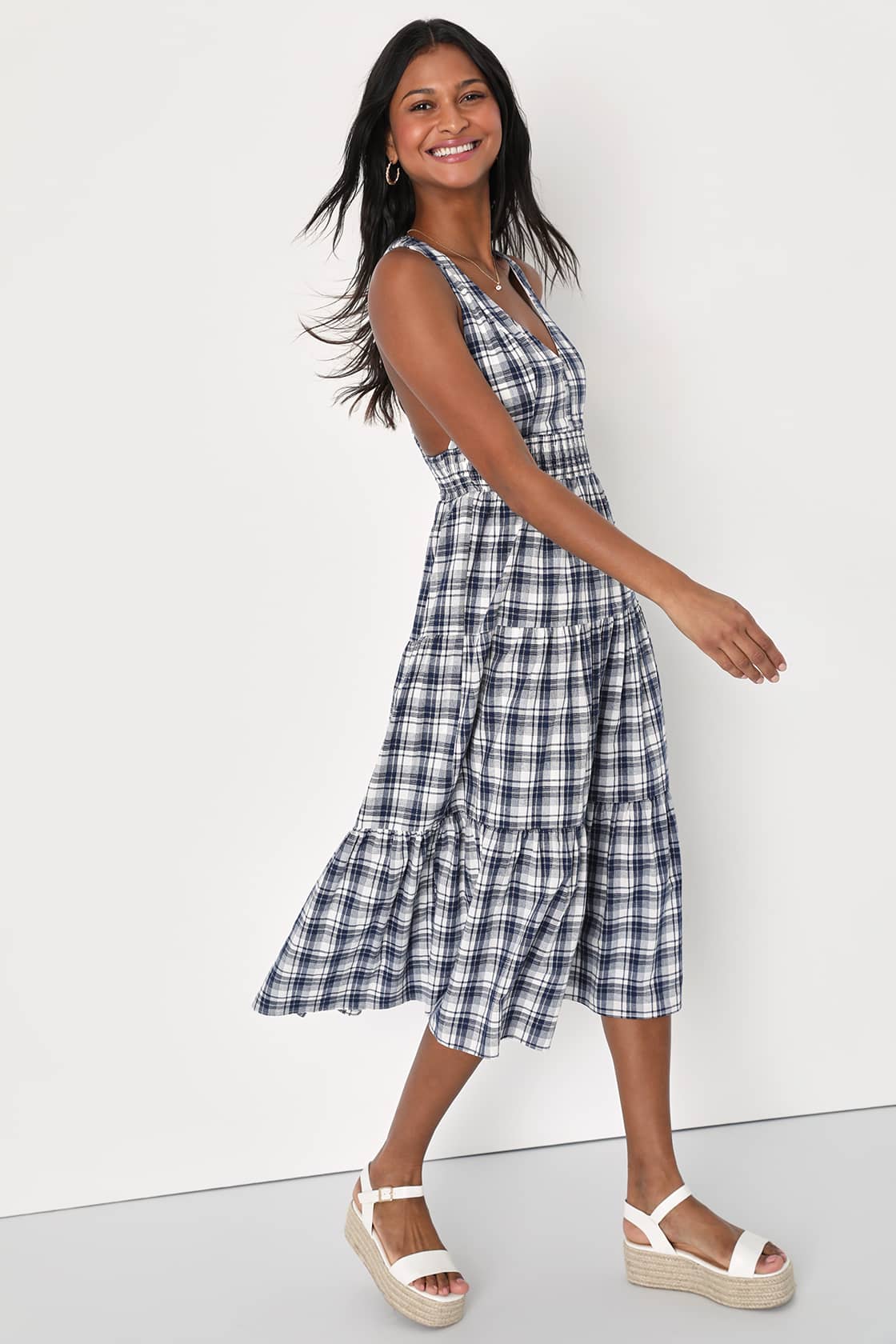 Navy Blue Plaid Dress - Tiered Backless Dress - Plaid Midi Dress - Lulus