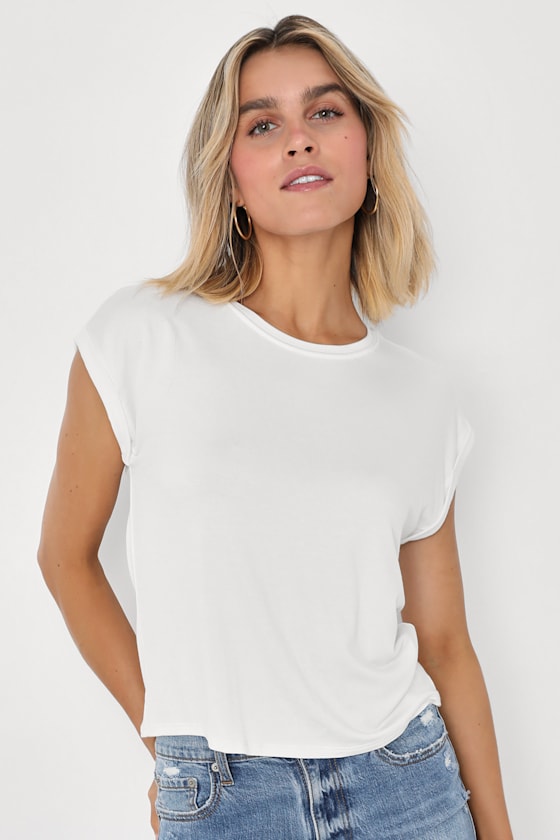 Ivory Short Sleeve Tee - Folded Cuff Tshirt - Cap Sleeve Tee - Lulus