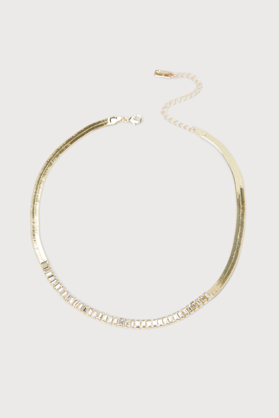 14KT Gold Rhinestone Necklace - Herringbone Chain - Gold Chain - Lulus
