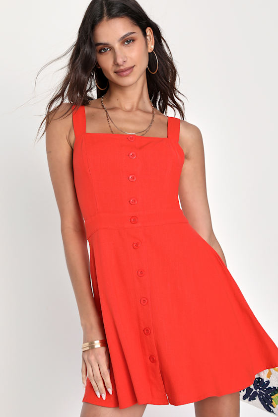Red Orange Dress With Pockets - Skater Dress - Button Front Dress - Lulus