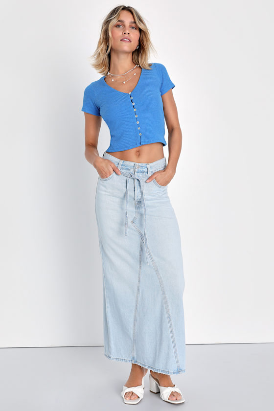 Cute Blue Top - Short Sleeve Top - Button-Up Top - Crop Top - Lulus