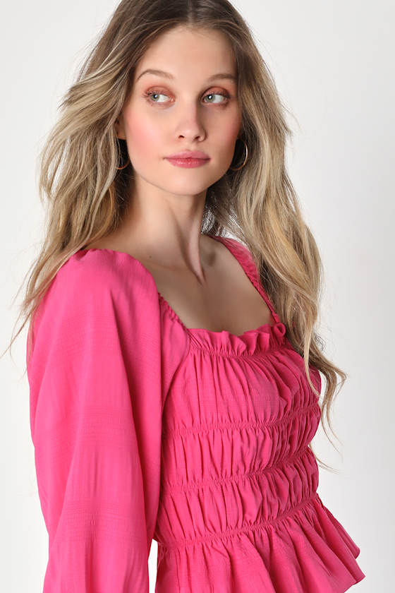 Hot Pink Smocked Top - 3/4 Puff Sleeve Top - Lace-Up Crop Top - Lulus
