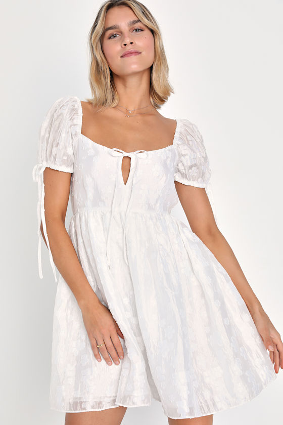 White Floral Babydoll Dress - Puff Sleeve Mini Dress - Cute Dress - Lulus