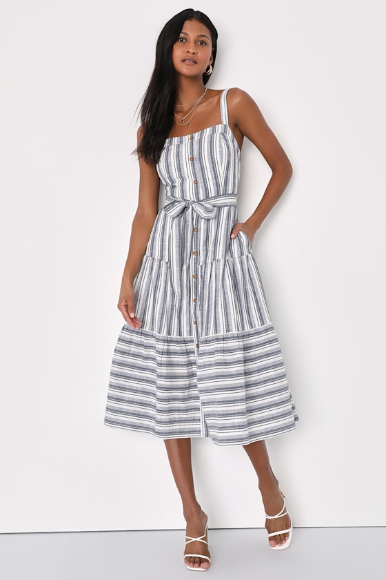Blue and White Midi Dress - Striped Dress - Dress With Pockets - Lulus