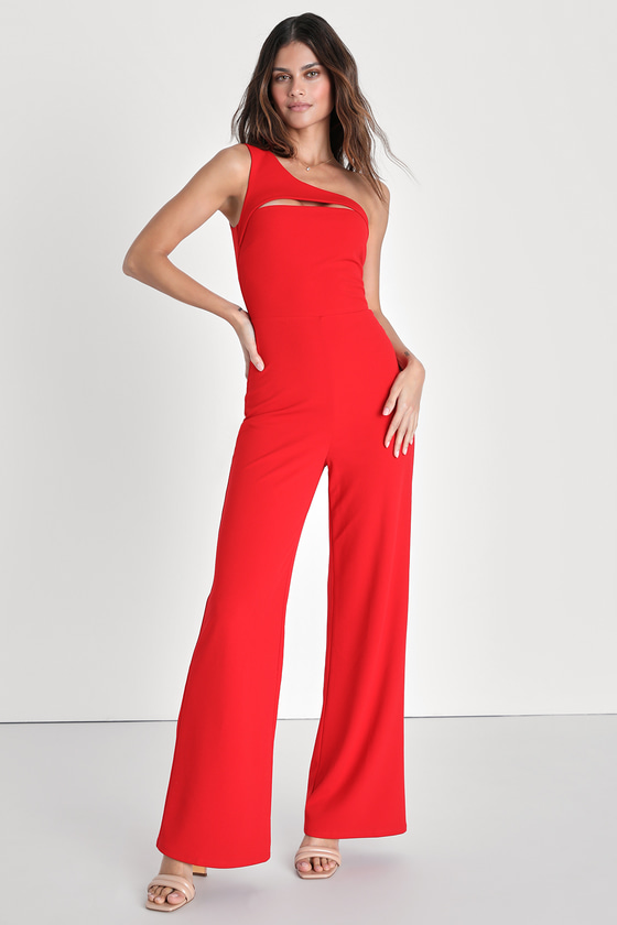 Red One Shoulder Jumpsuit Cutout Jumpsuit Wide Leg Jumpsuit Lulus