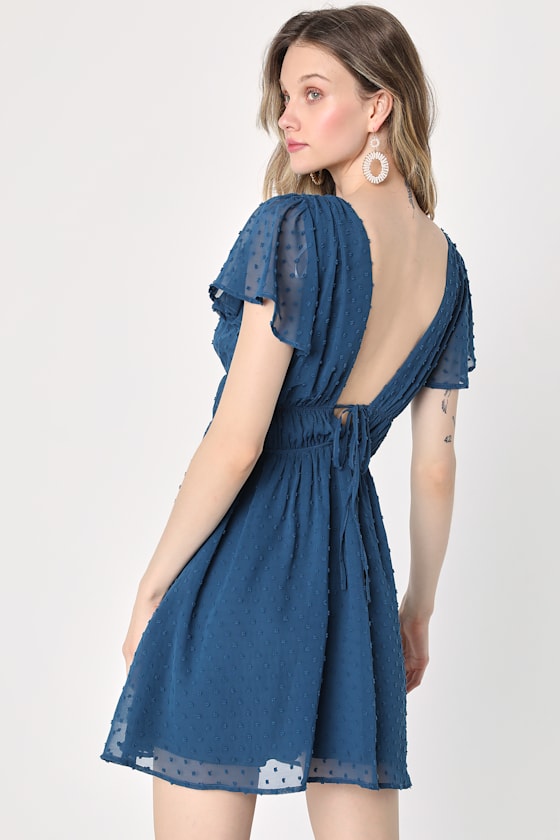 Dark Blue Mini Dress - Swiss Dot Dress - Flutter Sleeve Dress - Lulus