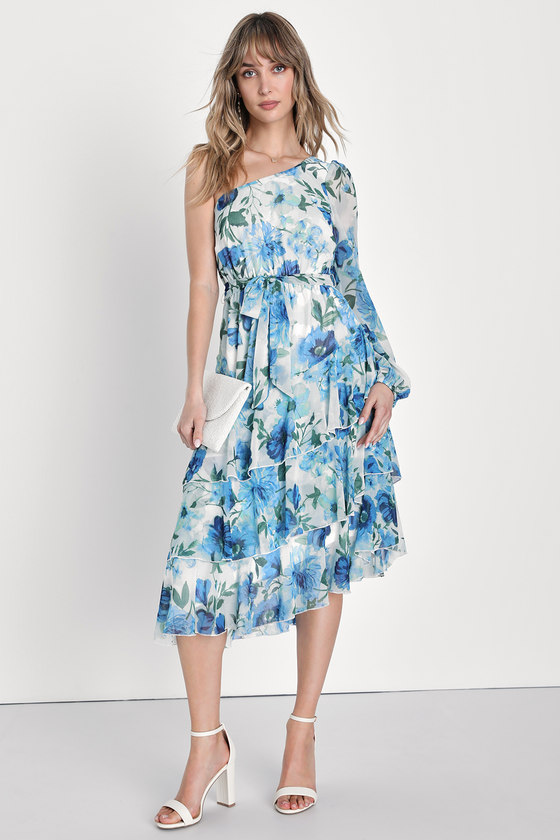 Blue Floral Print Dress Tiered Ruffled Dress Cute Midi Dress Lulus