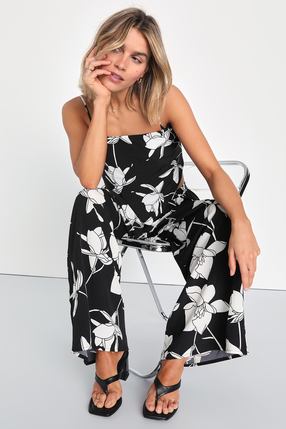 Black Floral Print Top Tie Back Crop Top Floral Print Set Lulus