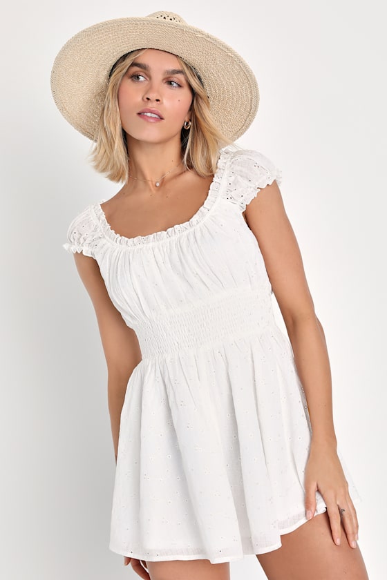 White Romper - Short Sleeve Romper - Eyelet Embroidered Romper - Lulus