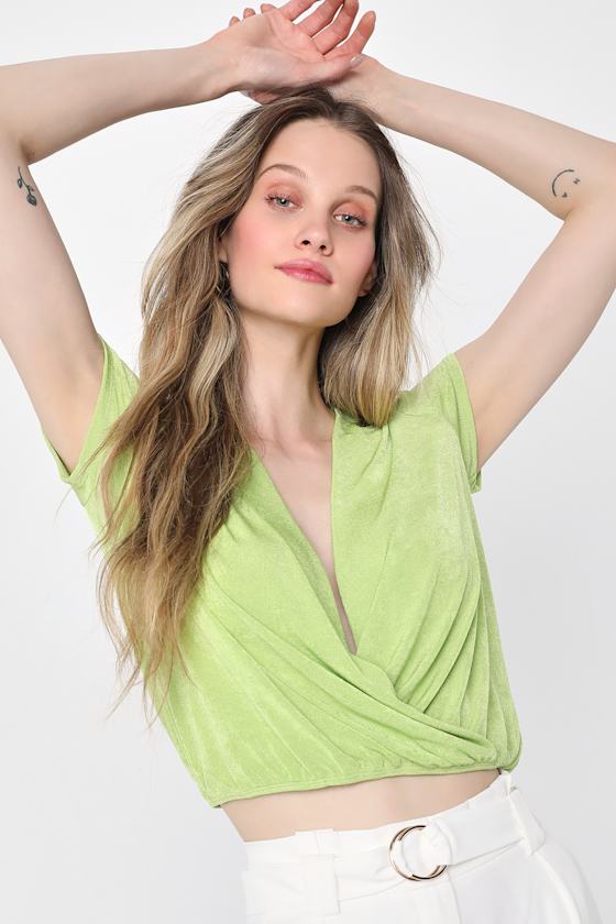 Slinky Knit Top - Bubble-Hem Top - Lime Green Short Sleeve Top - Lulus