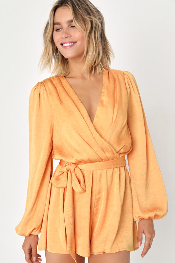 Orange Crinkled Romper - Backless Romper - Balloon Sleeve Romper - Lulus