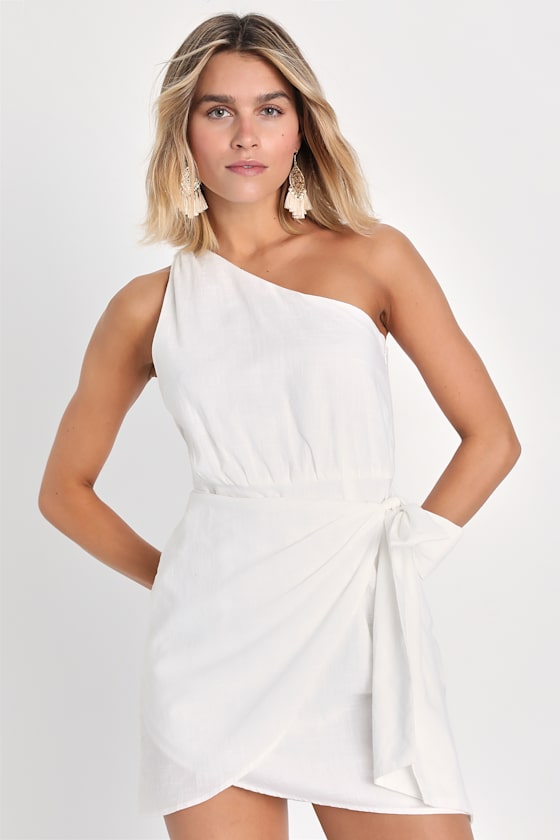 White One-Shoulder Dress - Bow Mini Dress - Faux Wrap Mini Dress - Lulus