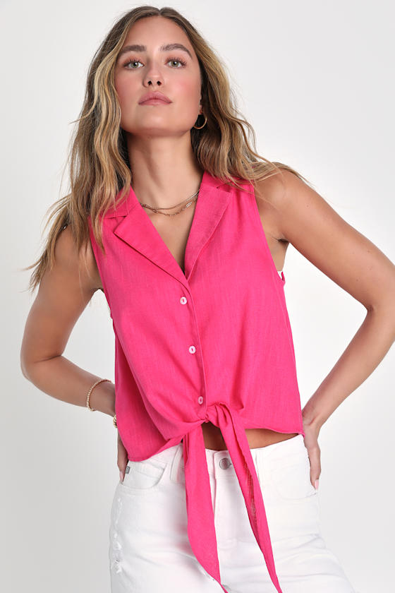 Hot Pink Linen Top - Collared Button-Up Top - Tie-Front Top - Lulus