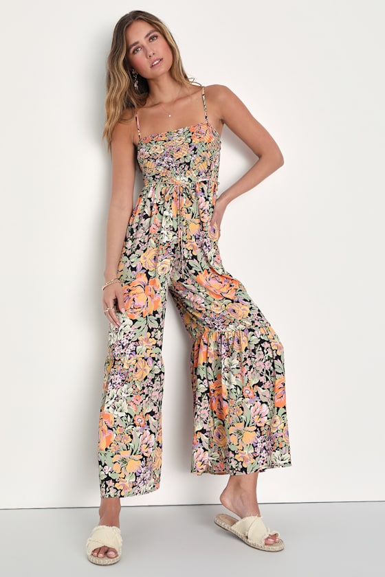 Black Floral Jumpsuit - Smocked Jumpsuit - Sleeveless Jumpsuit - Lulus