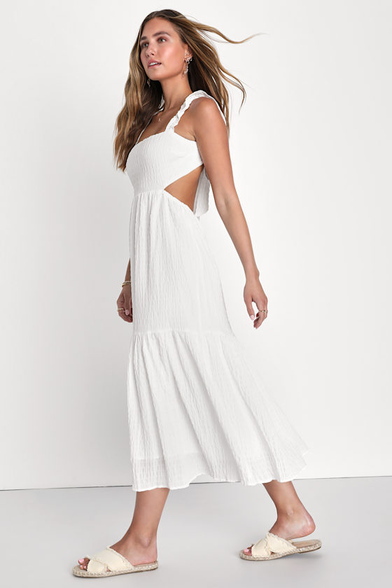 LUSH White Smocked Dress - Tie-Back Midi Dress - Tiered Dress - Lulus