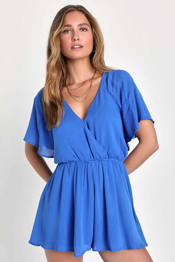 Blue Romper - Strappy Back Romper - Flutter Sleeve Romper - Lulus