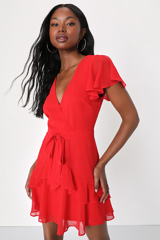 Cute Red Dress - Faux Wrap Dress - Red Ruffled Mini Dress - Lulus