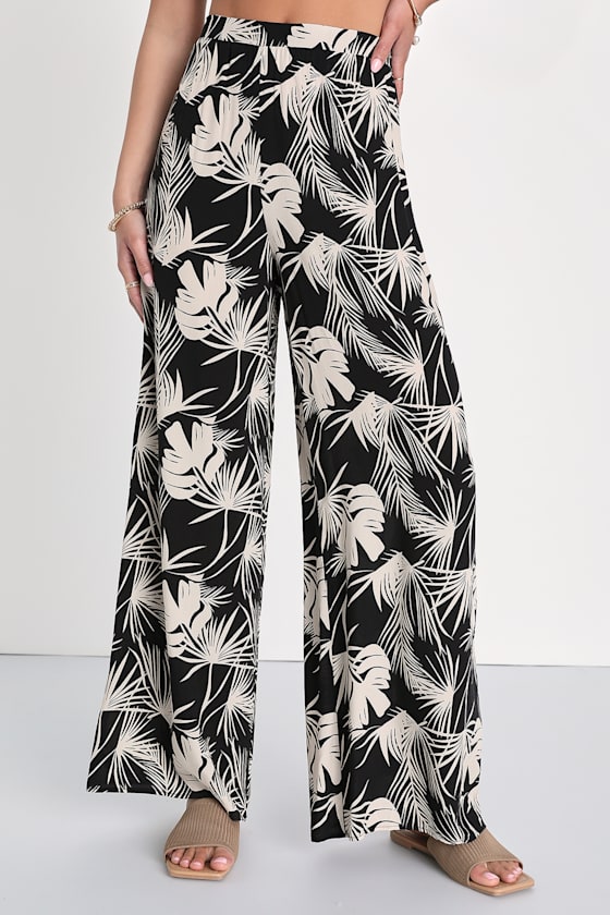 Black Tropical Print Pants - Wide-Leg Pants - High-Rise Pants - Lulus
