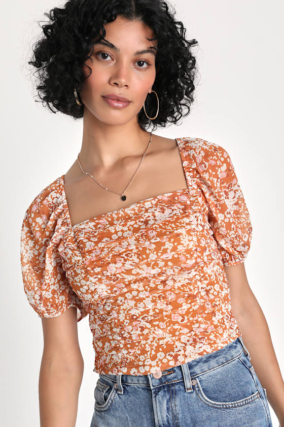 Rust Orange Floral Top - Ruched Puff Sleeve Top - Cropped Top - Lulus