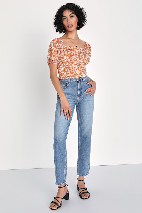 Rust Orange Floral Top - Ruched Puff Sleeve Top - Cropped Top - Lulus