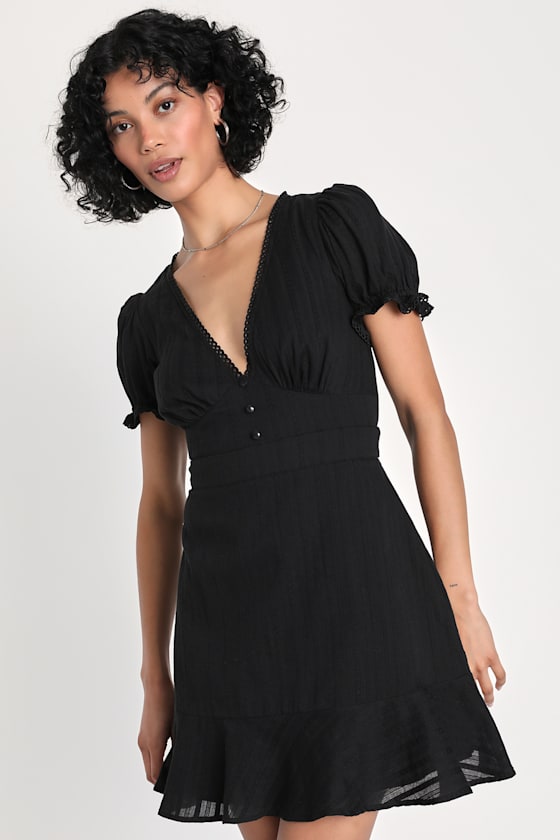 Black Ruffled Mini Dress - Puff Sleeve Dress - Cute Mini Dress - Lulus