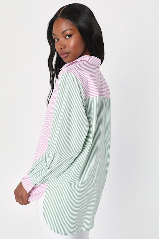 Color Block Top - Striped Button-Up - Pink and Green Button-Up - Lulus