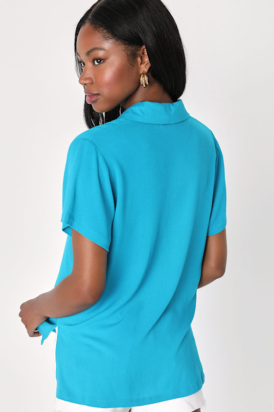 Blue Button-Up Top - Blue Collared Top - Short Sleeve Blouse - Lulus
