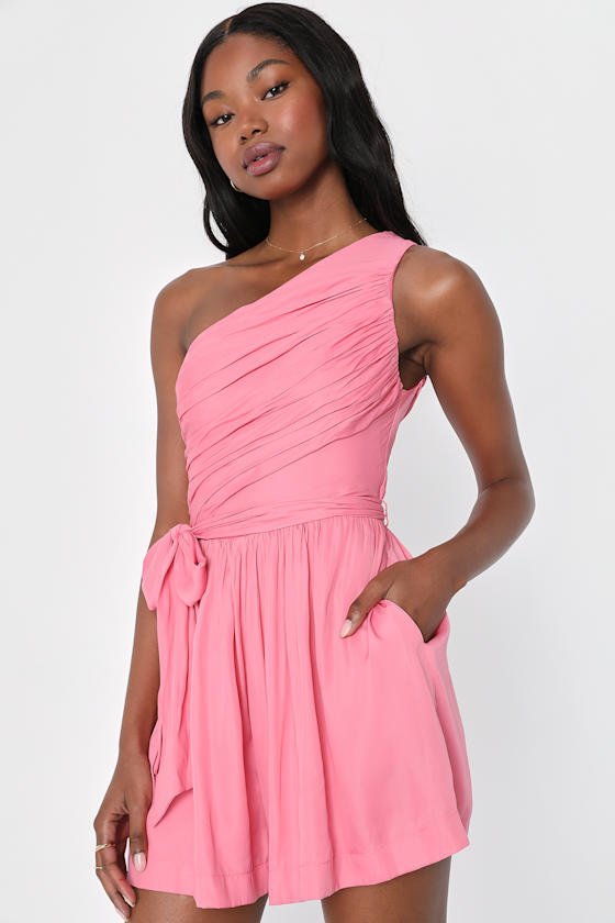 Pink One-Shoulder Romper - Gathered Romper - Pink Romper - Lulus