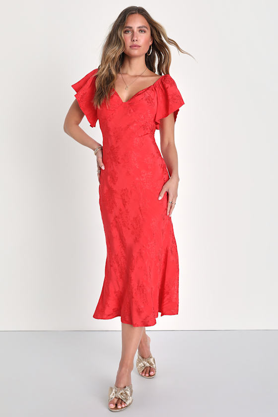Red Satin Midi Dress - Flutter Sleeve Dress - Jacquard Dress - Lulus
