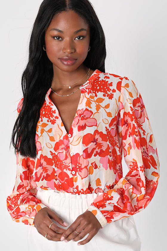 Ivory Floral Print Top - Lurex Button-Up Top - Floral Blouse - Lulus
