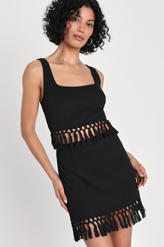 Black Bodycon Skirt - Crinkled Skirt - Fringe Mini Skirt - Skirt - Lulus