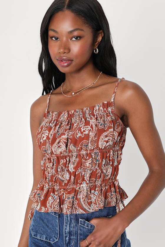 Rust Brown Paisley Top - Ruched Tank Top - Stretchy Tank Top - Lulus