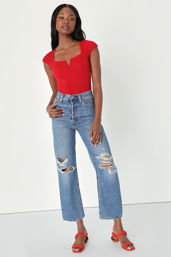 Red Cap Sleeve Bodysuit - Bustier Bodysuit - Ribbed Bodysuit - Lulus