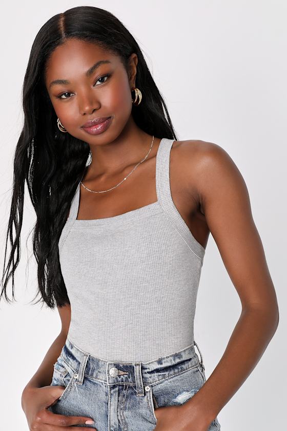 Ribbed Grey Top - Cross Back Bodysuit - Heather Grey Bodysuit - Lulus