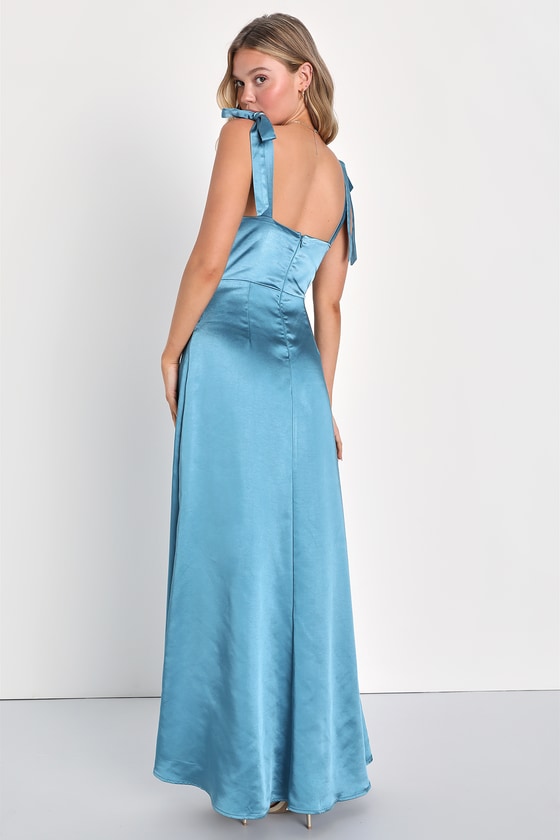 Teal Blue Satin Dress Tie Strap Maxi Dress Satin Maxi Dress Lulus