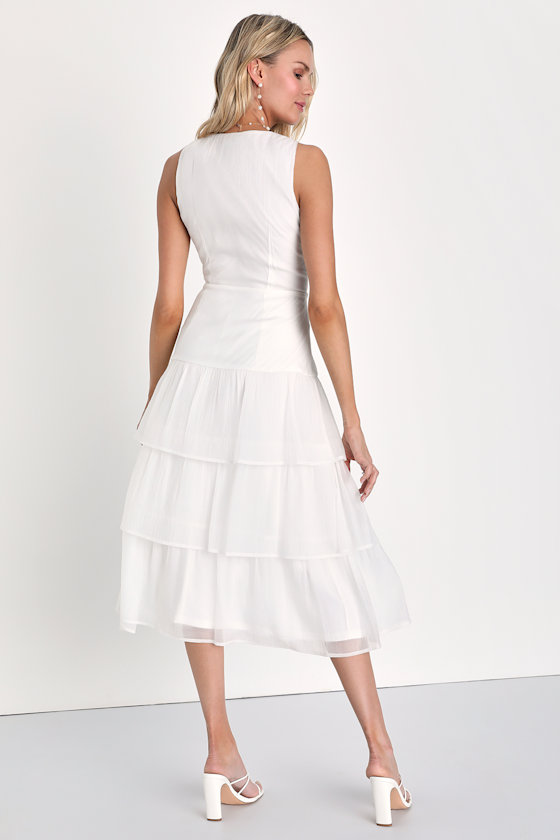 White Tiered Dress - Organza V-Neck Dress - Tiered Midi Dress - Lulus