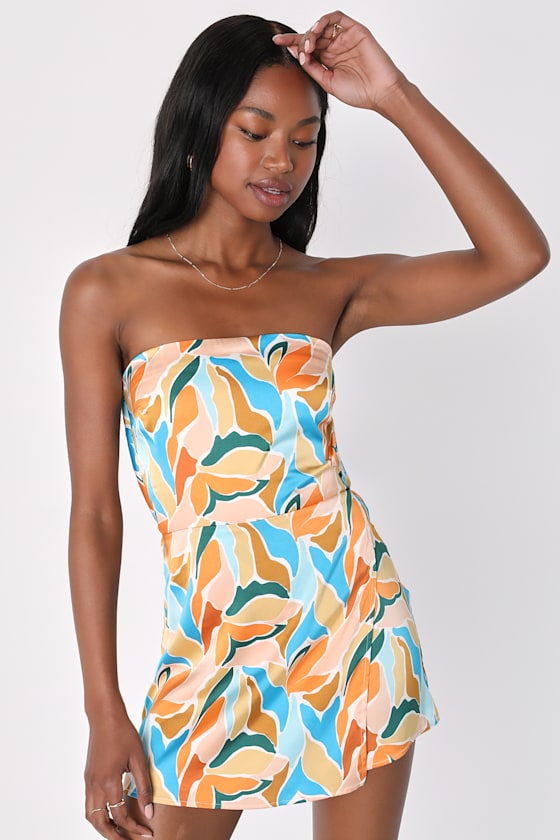 Abstract Print Skort Romper - Satin Romper - Strapless Romper - Lulus
