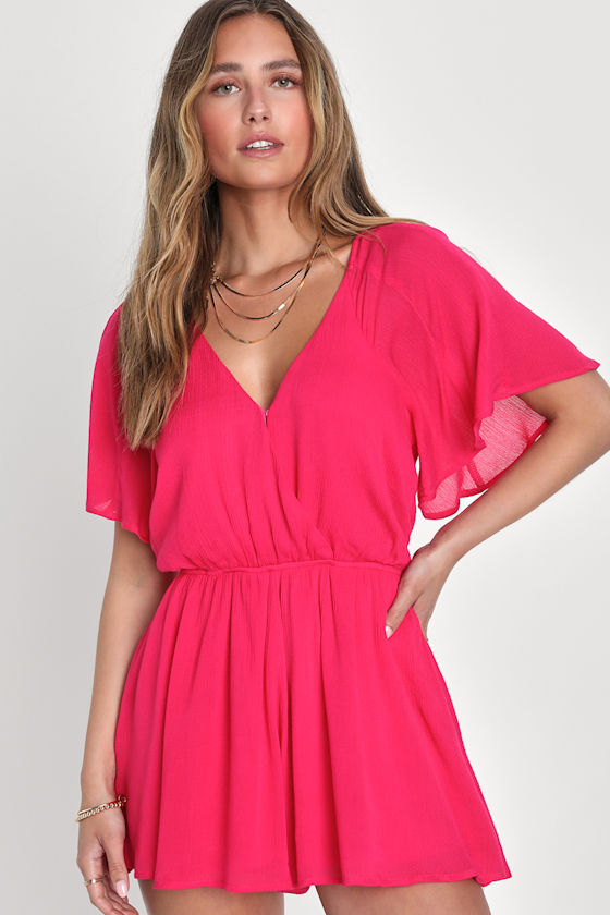 Hot Pink Romper - Strappy Back Romper - Flutter Sleeve Romper - Lulus