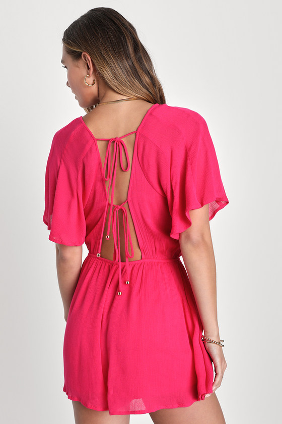 Hot Pink Romper - Strappy Back Romper - Flutter Sleeve Romper - Lulus
