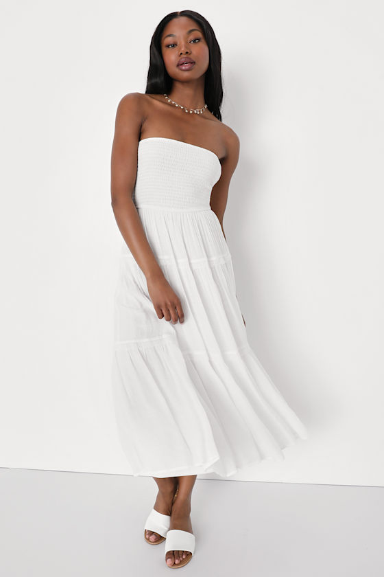 White Strapless Midi Dress - Tie-Back Dress - Tiered Midi Dress - Lulus