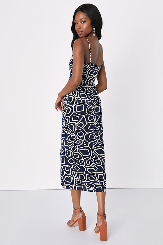 Navy Blue Midi Dress - Abstract Print Dress - Surplice Midi Dress - Lulus