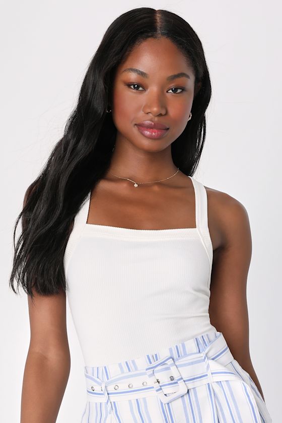 Ribbed White Top - Cross Back Bodysuit - Square Neck Bodysuit - Lulus