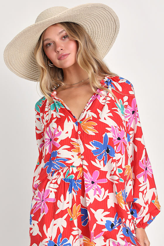 Red Floral Print Top - Tie-Front Top - Long Sleeve Top - Lulus