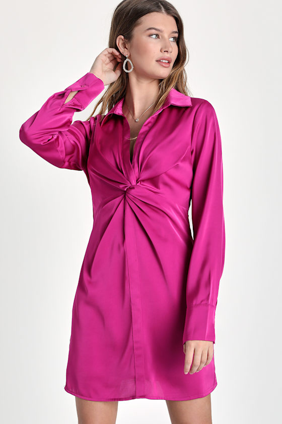Magenta Satin Dress - Twist-Front Mini Dress - Long Sleeve Dress - Lulus