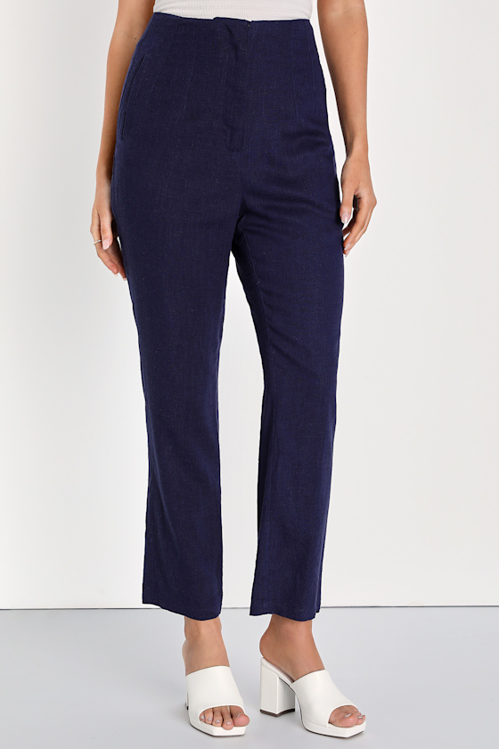 Navy Blue Trousers - Linen-Blend Pants - High Rise Trouser Pants - Lulus