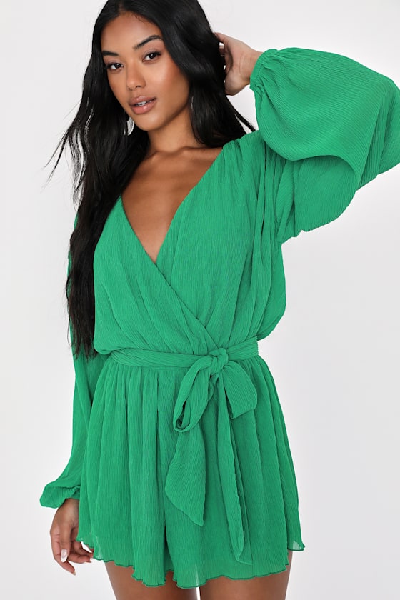 Green Plisse Romper - Belted Romper - Balloon Sleeve Romper - Lulus