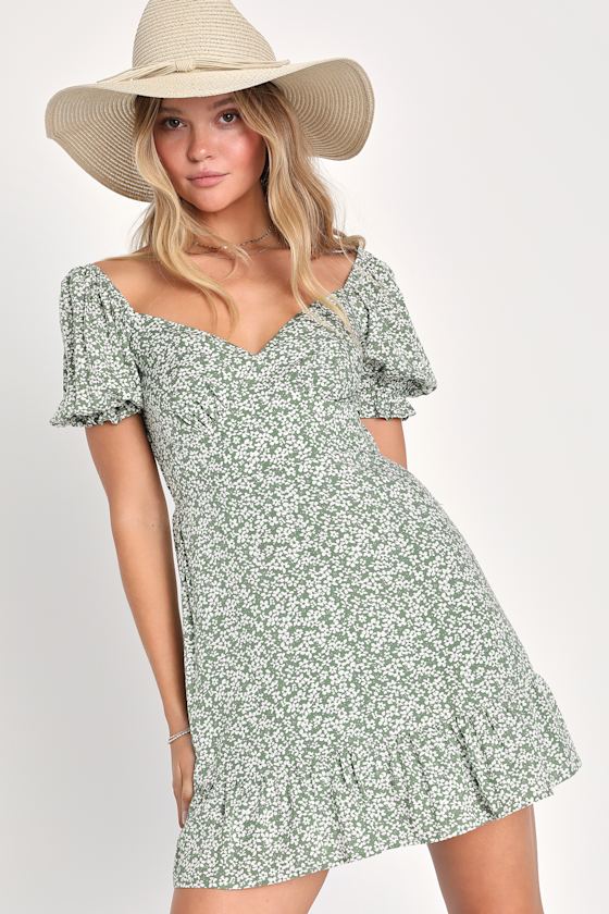 Sage Green Mini Dress - Floral Mini Dress - Puff Sleeve Dress - Lulus