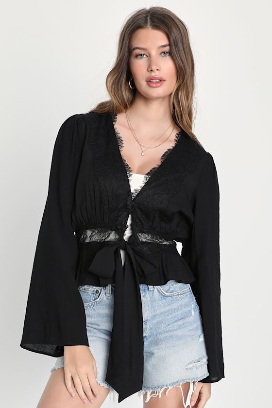 Black Lace Long Sleeve Top - Bell Sleeve Top - Lacy Tie-Front Top - Lulus