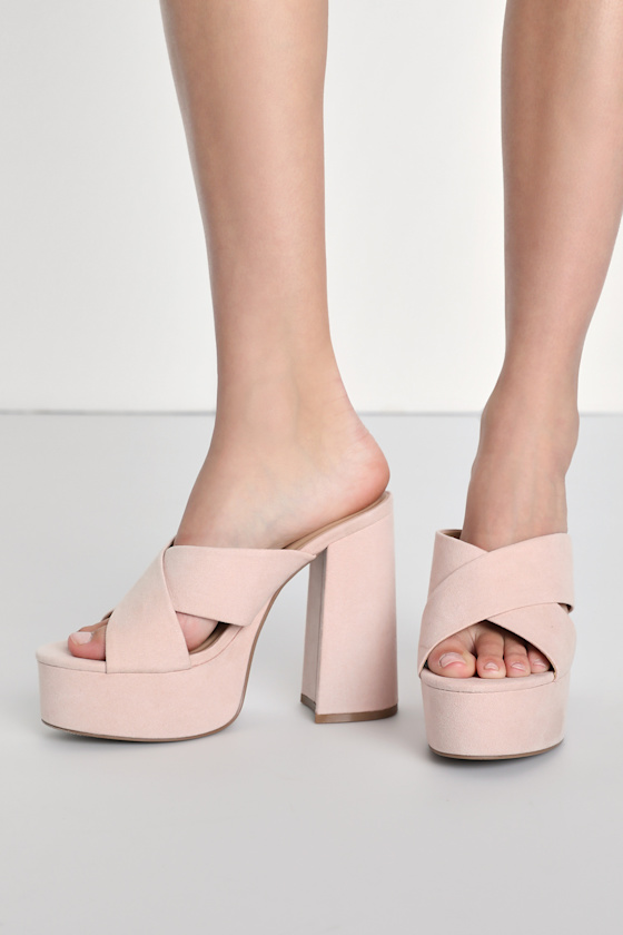 Light Nude Suede Sandals - Platform Sandals - Slide Sandals - Lulus