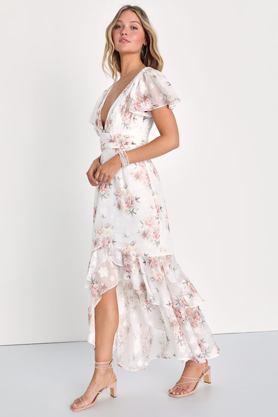 White Floral Dress - White High-Low Dress - Tiered Floral Dress - Lulus